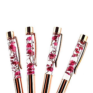 Ubabe Rose Gold Ballpoint Pen,4 Pieces Metal Ball Pens Dynamic Liquid Flower Pen Black Ink Pen Refills for Office Rose Gold Desk Supplies