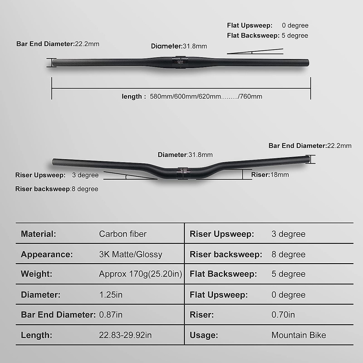 MTB Handlebars RXL SL Carbon Handlebars Mountain Bike Handlebars MTB Riser Handlebars 31.8 MTB Carbon Fiber Bike Handlebars Mountain Bicycle for Cycling Male 760mm