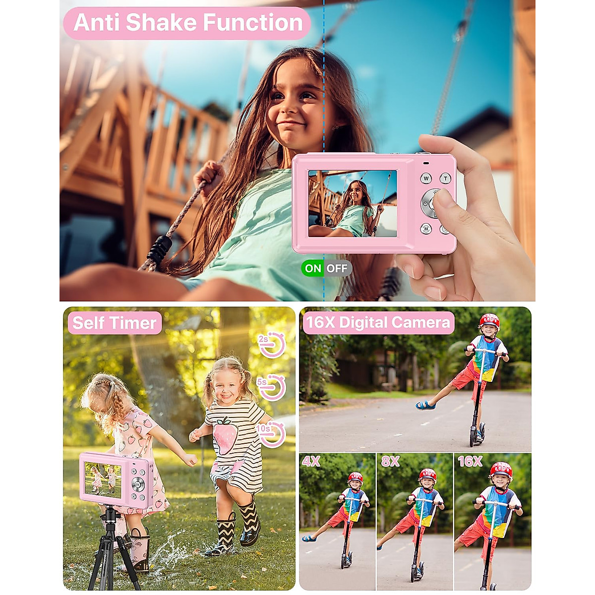 Digital Camera, FHD 1080P Kids Camera 44MP Compact Digital Camera with 32GB Card, 1 Batteries 16X Digital Zoom Point and Shoot Digital Cameras Gift for Kids Boys Girls Teens (Pink)