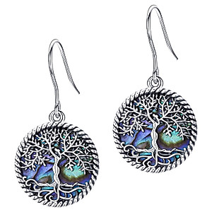 Odinstone Sterling Silver Tree of Life Earrings for Women Family Tree Pendants Natural Abalone Shell Drop Dangle Earrings Necklace Fashion Jewelry, with Fine Gift