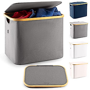Lonbet - Gray Small Laundry Hamper With Lid - Collapsible Laundry Baskets - Hampers for Laundry - Laundry Room Organization - 13.2 Gal. (1-2 Loads) - 100% Free Plastic - Eco-Friendly Fabric Bamboo