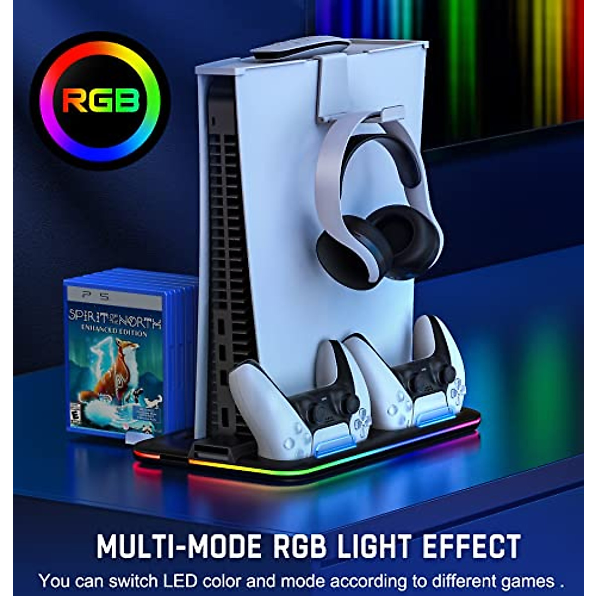 DINOSTRIKE PS5 Cooling Station with RGB Light, PS5 Stand with Cooling Fan for PS5 Disc&Digital Editions Dual Controllers Charger Station, PS5 Accessories for PS5 Console Headset Holder, 6 Game Slots