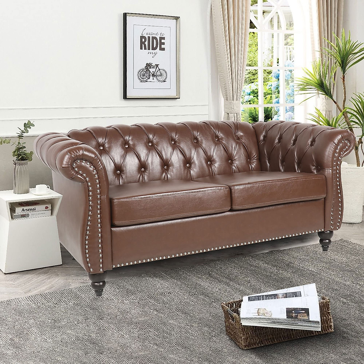 FOKWE Chesterfield Loveseat Leather, Modern Upholstered Tufted Couch 2 Seater with Rolled Arms and Nailhead for Living Room, Bedroom (Dark Brown)