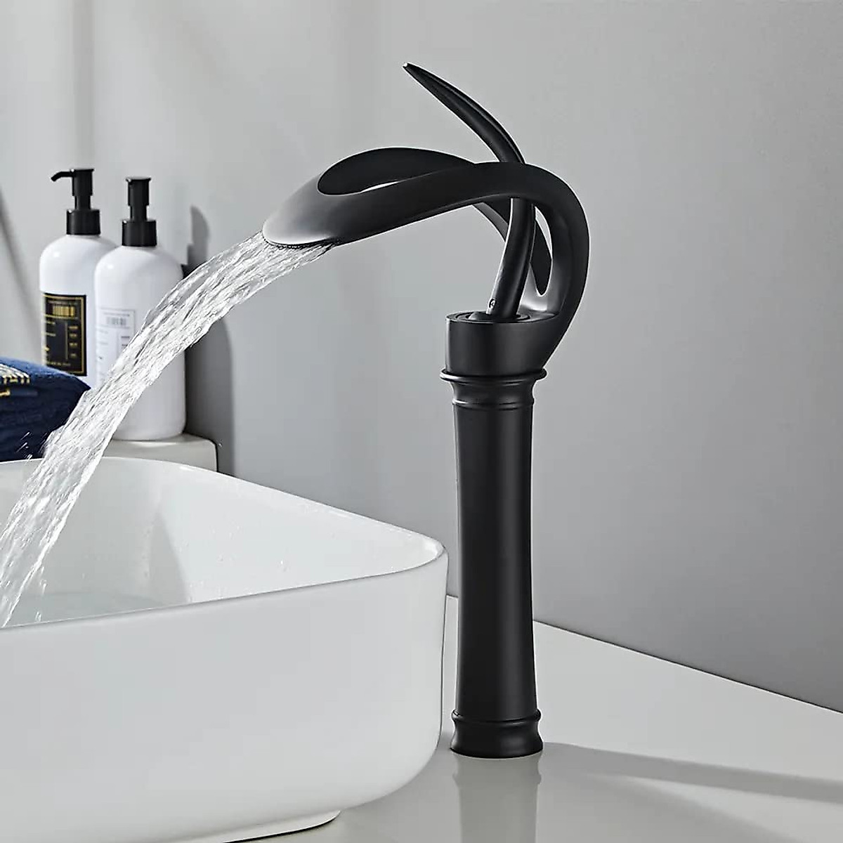 Lovedima Elegant Tall Waterfall Single Handle 1-Hole Bathroom Vessel Sink Faucet Solid Brass Lavatory Vanity Sink Faucet,Black