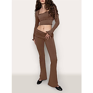 Women Low Rise Flare Leggings Y2k Fold Over Yoga Pants Bootcut Stretchy Skinny Sweatpant Lounge Workout Athletic Wear (Ruffle Hem, Brown, S)