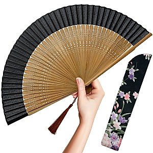 OMyTea Folding Hand Fan for Women - Foldable Chinese Japanese Vintage Bamboo Silk Fan - for Hot Flash, Church, Decoration, EDM, Music Festival, Dance, Party, Performance, Gift (Sexy Bamboo)