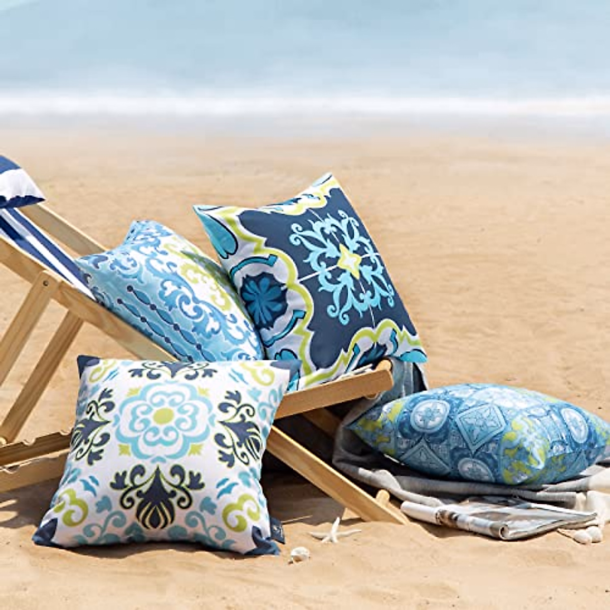 Phantoscope Set of 4 Outdoor Waterproof Throw Pillow Covers,Geometric, Decorative Boho Farmhouse Outdoor Pillows Cushion Case for Home Patio Furnitures Tent Sunbrella, Blue and Green 18x18 Inches