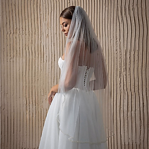 DIMNIE Wedding Veil for Brides Handmade Beaded Bridal Veil 1 Tier Fingertip Length Veil with Comb (off white-Fingertip Length:39.37IN)