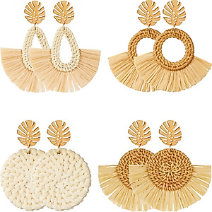 meekoo 4 Pairs Rattan Earrings for Women Beach Essentials Tassel Dangle Boho Straw Earrings(Novel)