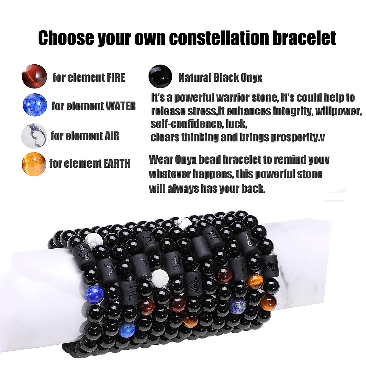 Zodiac Bracelet for Couple 8mm 10mm Natural Black Onyx Stone Star Sign Constellation Distance Friendship Prayer Blessing Bracelet Gifts Men Women Size adjustable (Men 10mm beads,Aquarius)