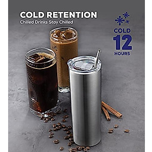 Insulated Skinny Stainless Steel Tumbler Set - 4-Pack 20oz Coffee Tumbler with Straw - Travel Coffee Mug With PBA Free Lids - Slim Vacuum Insulated Tumblers Keep Hot and Cold - Great for Home, Office.
