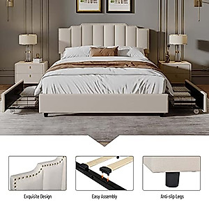 Queen Size Upholstered Platform Bed Frame with 2 Storage Drawers & Adjustable Rivets Headboard, Linen Bed Frame with Extra Dome Bed Canopy for Boys Girls Teens Adults, No Box Spring Needed (Beige)