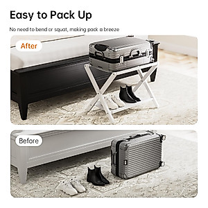 HITNET White Luggage Rack, Set of 2, Folding Suitcase Stand with Storage Shelf, Bamboo Luggage Holder with 5 Nylon Straps for Guest Room Bedroom Hotel