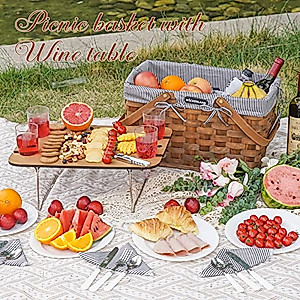 Picnic Basket Set for 2, Handmade Woodchip Basket with Wine Table & 2 Wooden Handles, Cutlery Service Kit, Best Gift for Couple, Valentine's Day,Christmas, Birthday, Wedding, Outdoor, Camping. 2P-Grey