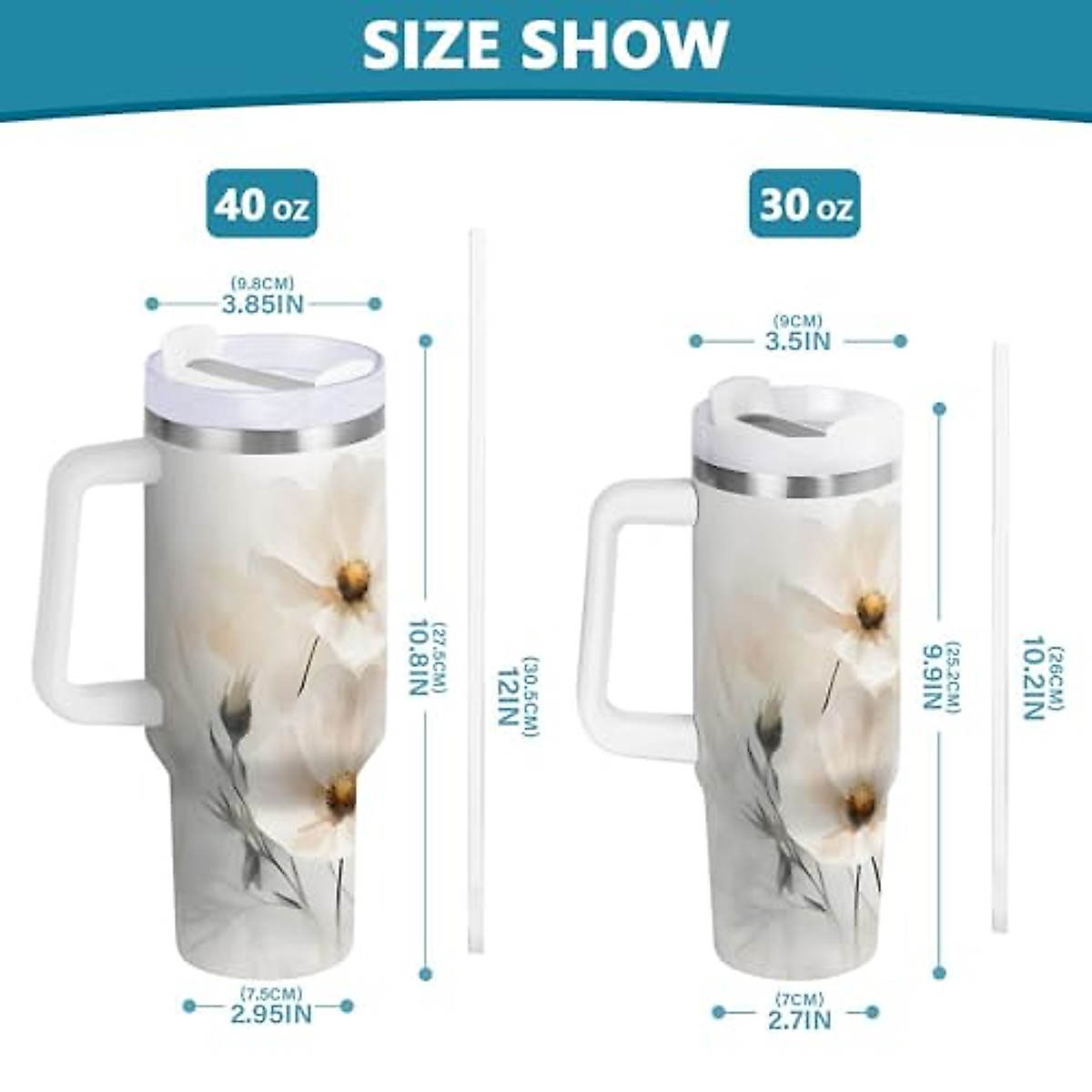 Jihqo Watercolor White Flowers 40 oz Stainless Steel Vacuum Insulated Tumbler with Handle and Straw Lid, Leakproof Water Bottle Double Wall Travel Mug Coffee Cup, Cupholder Friendly