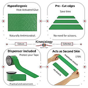 Kinesiology Tape Precut with Dispenser - Synthetic Sports Muscle Tape - Green - 5m Roll - 20 Strips - Physiotherapy Tape for Face, Neck, Shoulder, Back, Elbow, Wrist, Knee, Calf & Ankle