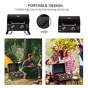 Outsunny 2 Burner Propane Gas Grill Outdoor Portable Tabletop BBQ with Foldable Legs, Lid, Thermometer for Camping, Picnic, Backyard, Black