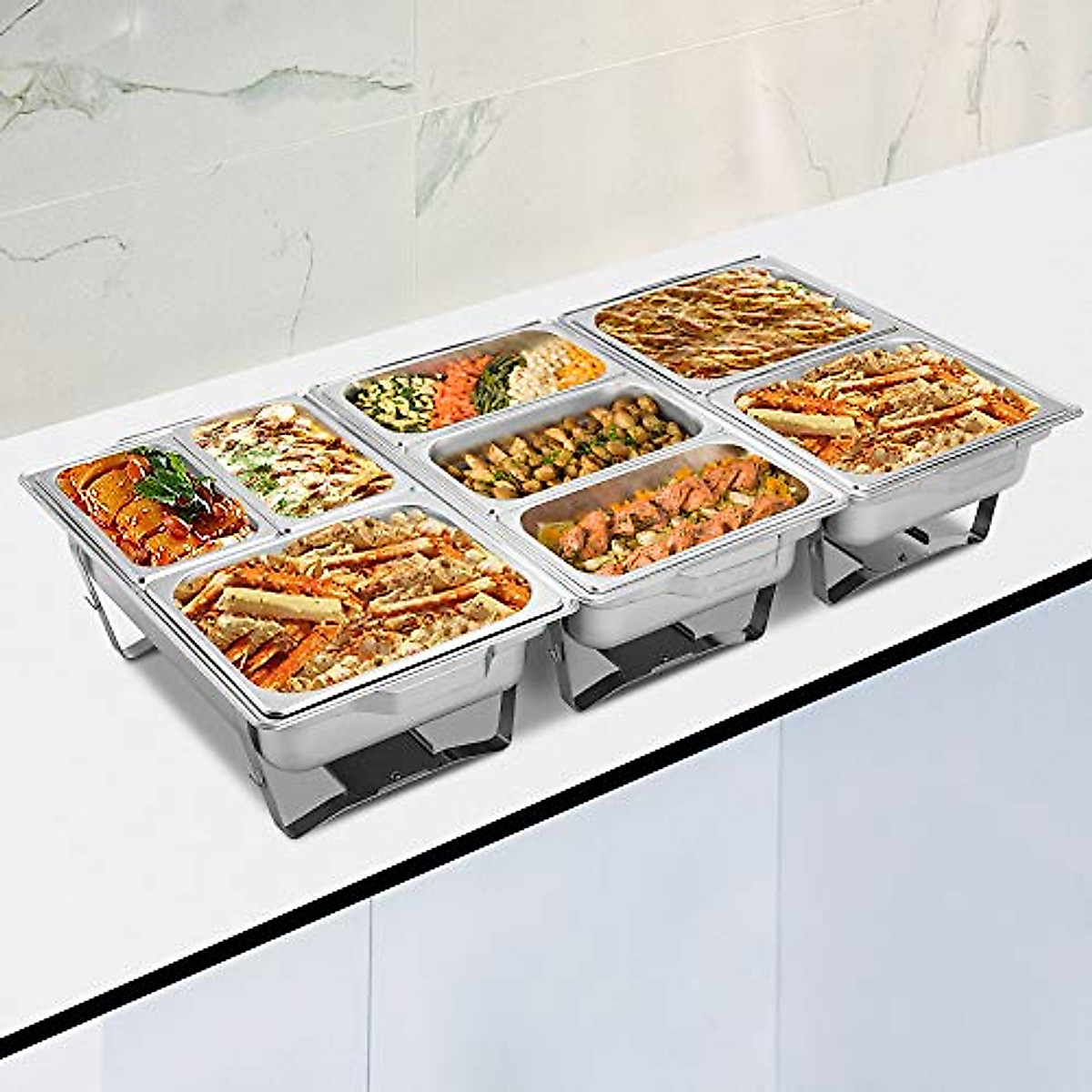 ROVSUN 8 Quart Chafing Dish Buffet Set, Stainless Steel Catering Serve Chafer, Restaurant Food Warmer, Rectangular Buffet Stove with 3 1/3 Size Food Pans and Foldable Frame for Party (1 Pack)