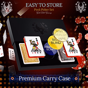 Gold Label Casino Poker PEEK Playing Cards - 100% Plastic Waterproof, Flexible PVC Standard Cards, Black/Gold Double-Deck Set, with Gold Dealer, Small and Big Blind Button, and Red Plastic Cut Cards