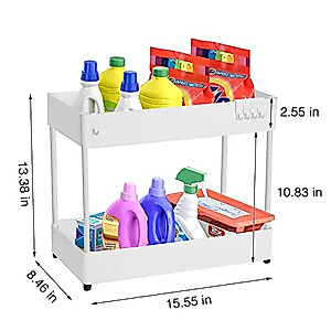 C&AHOME Under Sink Organizers, 2-Tier Kitchen Bathroom Storage Cabinet with Hooks, Counter top Storage Rack, Cabinet Organizer Baskets, Multipurpose Storage Shelf Ideal for Kitchen, Bathroom, White