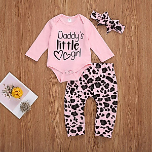ClickMeForMoreProducts Daddy's Little Girl Newborn Baby Girl Clothes Long Sleeve Romper Leopard Pants Headband 3 Piece Outfits Set (Pink A, 0-3 Months)