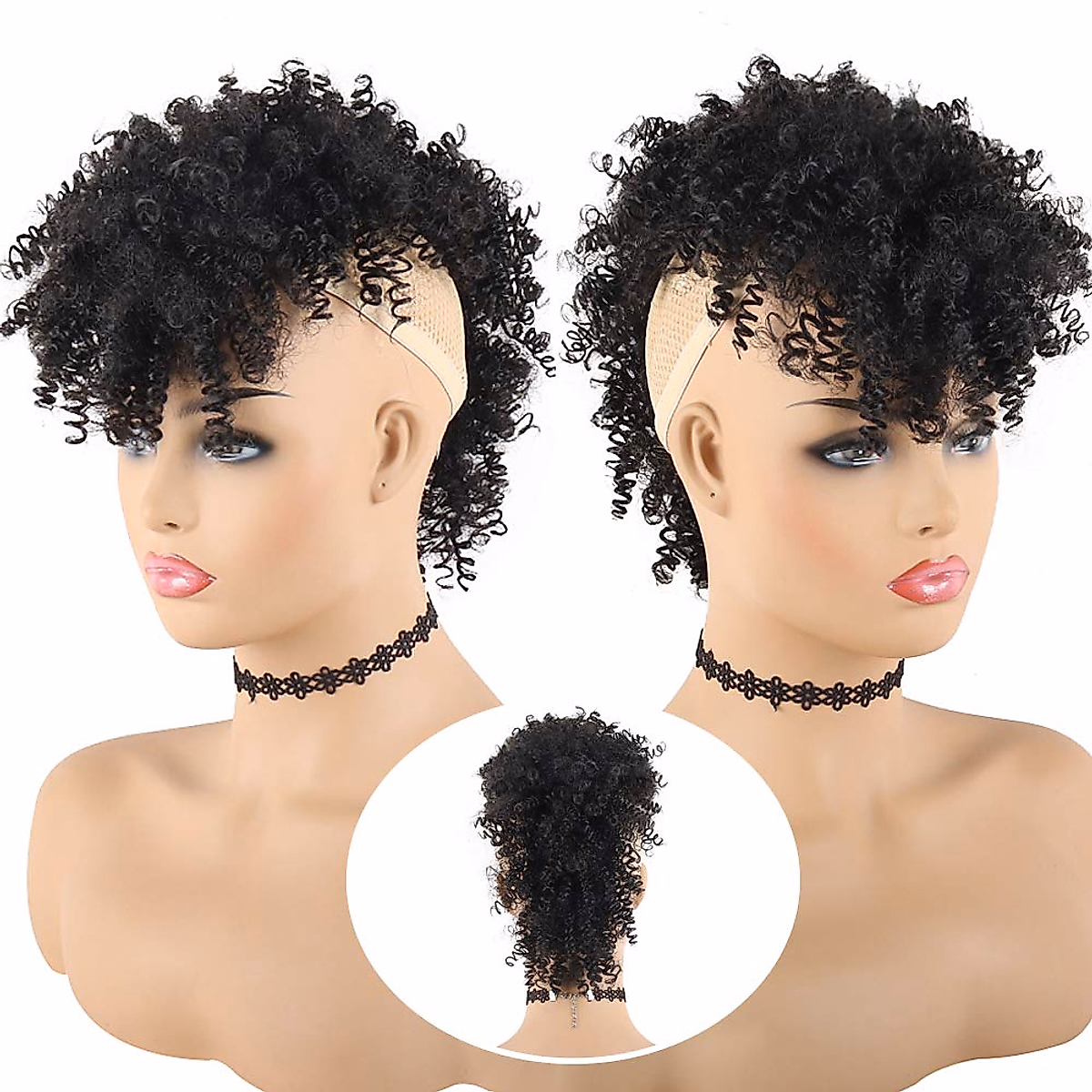 KRSI Afro High Puff Hair Bun Ponytail Drawstring With Bangs Synthetic Jerry Curly Mohawk Kinkys Curly Fauxhawks Pony Tail Clip in on Ponytails for Women Hair Extensions with six Clips(Black)
