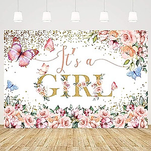 Withu It's a Girl Backdrop for Baby Shower Party Decorations Blush Pink Floral Rose Flowers Butterfly Glitter Gold Dots Photo Booth Banner Photoshoot Photography Background 7x5ft