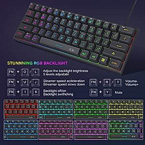 MageGee Mini 60% Gaming Keyboard, RGB Backlit 61 Key Ultra-Compact Keyboard, TS91 Ergonomic Waterproof Mechanical Feeling Office Computer Keyboard for PC, MAC, PS4, Xbox ONE Gamer(Black)