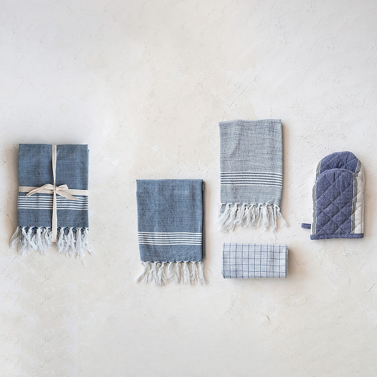 Creative Co-Op Cotton Blend Patterns and Fringe, Set of 3 Styles, Blue and White Tea Towel