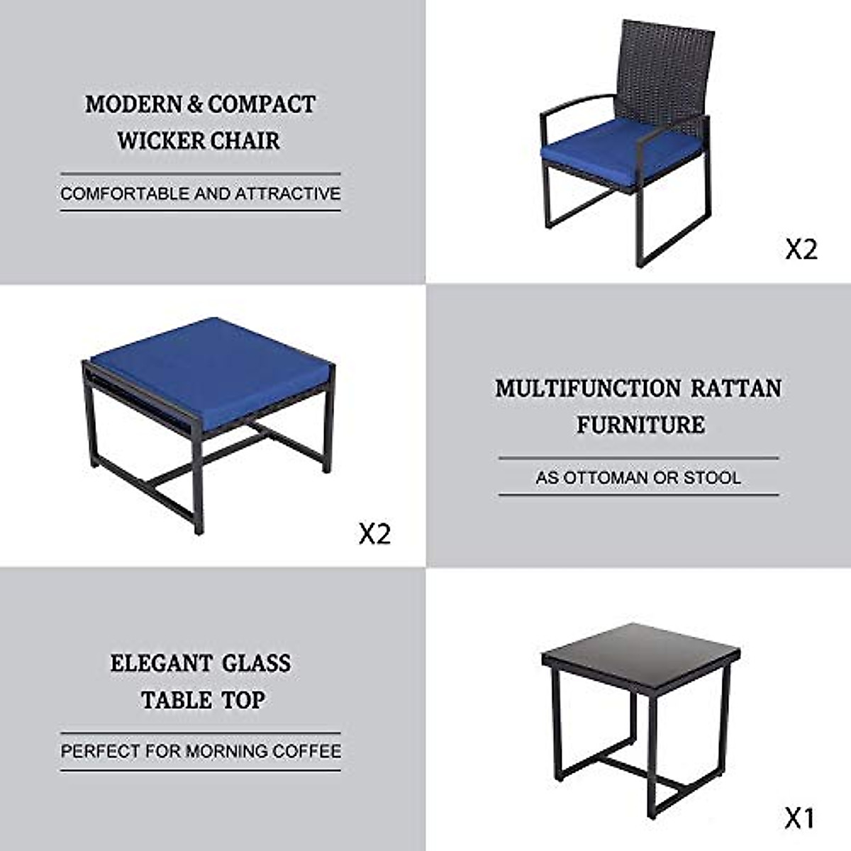 5-Piece Wicker Outdoor Conversation Sets Patio Furniture PE Rattan All Weather Cushioned Chairs Bistro Set with Ottoman and Glass Coffee Side Table for Balcony Porch, Dark Blue