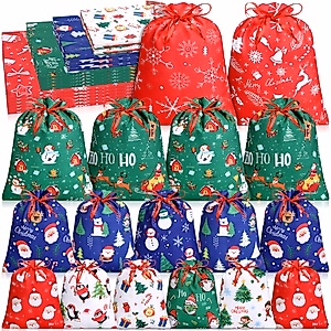 Abbylike 40 Pcs Christmas Drawstring Gift Bags with Tags Fabric Christmas Gift Wrapping Bags Assorted Sizes Large Medium Small Reusable Xmas Goody Sacks Pouches for Holiday Presents Party Favors
