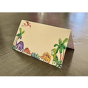 Dinosaur Place Cards - 25 Pack - Dinosaur Themed Card Labels for Food. Name Cards for Kids Birthday Parties, Jungle Theme Parties, Sleepover Parties, Cocktail Parties, and Buffets. 2” x 3.5” Folded.