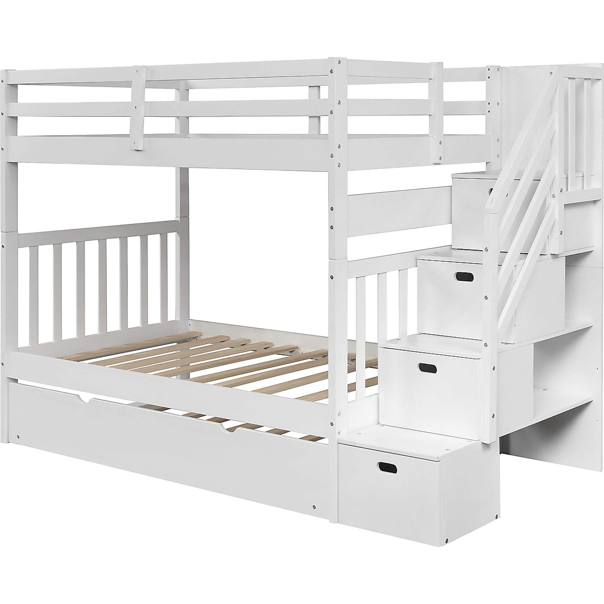 Harper & Bright Designs Stairway Twin Over Twin/Full Bunk Bed with Twin Size Trundle and Drawers, Solid Wood Bunk Bed Staircase Can be Placed on The Left or Right Side (White)