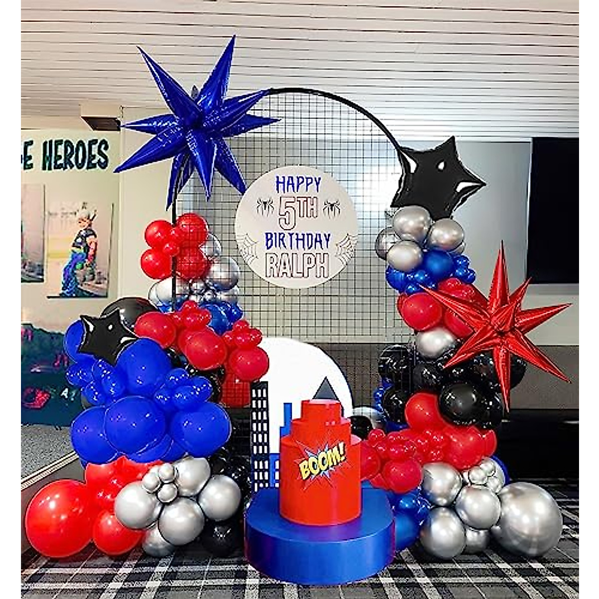 Blue Red Black Balloons Garland Arch Kit 130PCS with Large Starburs mylar balloons for Spider Theme kid birthday Party Man Superhero inspired Decortions