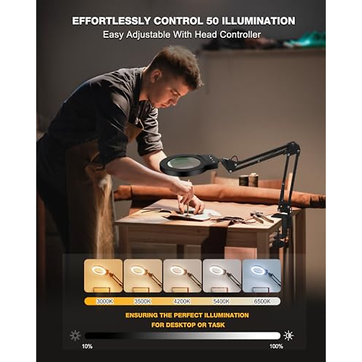 10X Magnifying Glass Light Stand Desktop Lamp Desk Table Close Work Up for Crafting, Model Assembly, Reading, Sewing, Jewelry Making ,Easy Adjustable Head Controller, Wide Compatibility Clamp