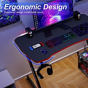Ruesleag 39 Inch Gaming Desk Ergonomic Home Office Desk Z-Shaped Computer Desk PC Workstation Modern Simple Study Table w/Headphone Hook Adjustable Leveling Foot Spacious Desktop,(Red)