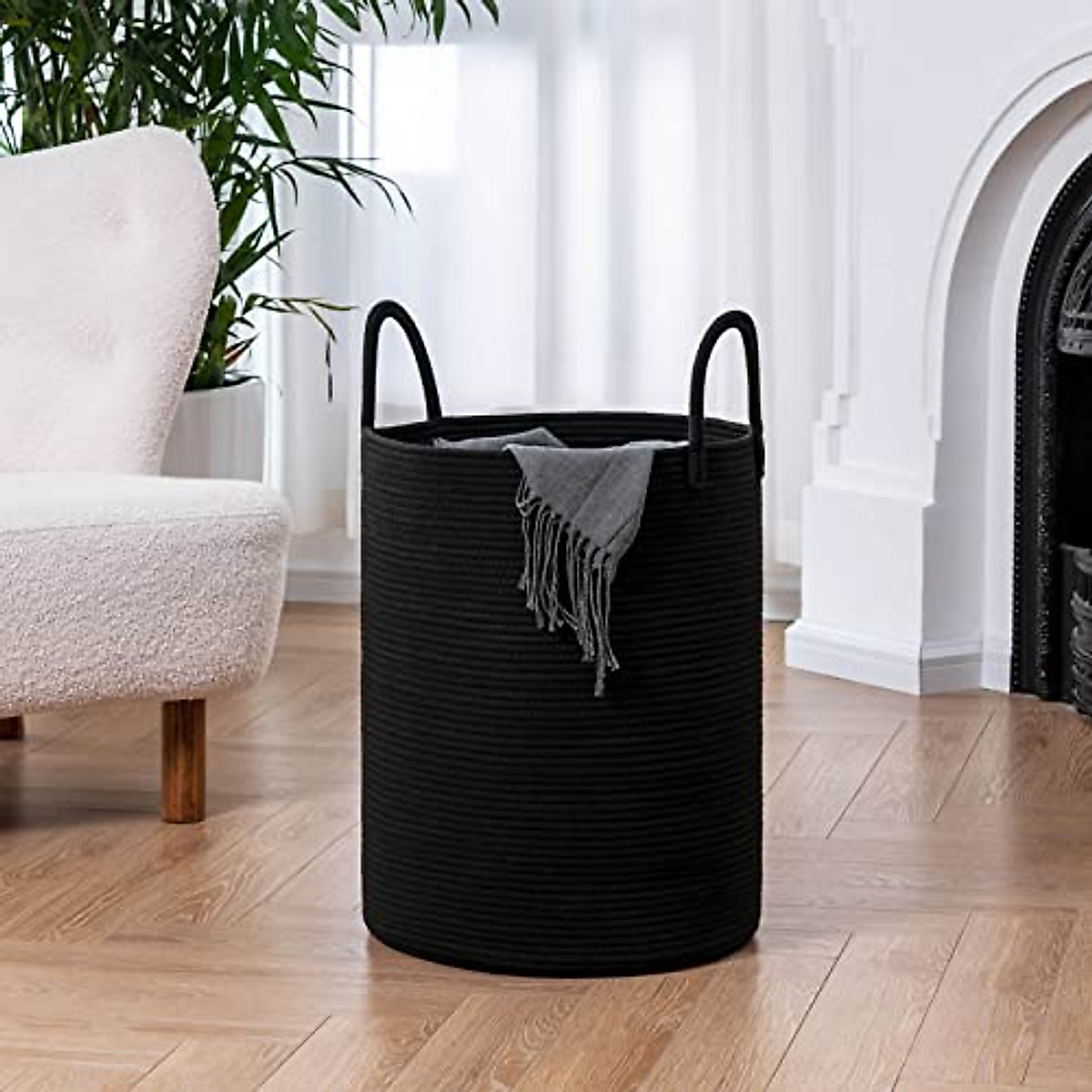 Goodpick Black Woven Rope Laundry Basket, Tall Modern Laundry Hamper for Clothes, Blankets, Toys, Towels, Pillows, Laundry Bin for Living Room, Bedroom, Entryway, 15 x 20 inches, 58L