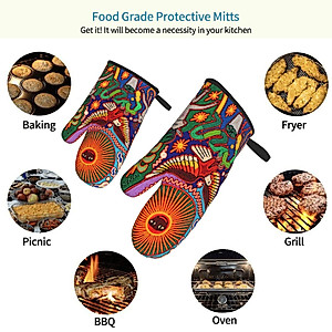 Wolla-ST Colorful Hispanic Oaxaca Mexican Mayan Tribal Boho Bohemian Oven Mitts 1 Pair Kitchen Heat Resistant Nonslip Silicone Oven Gloves Potholders Set for Cooking Baking BBQ, One Size, Black