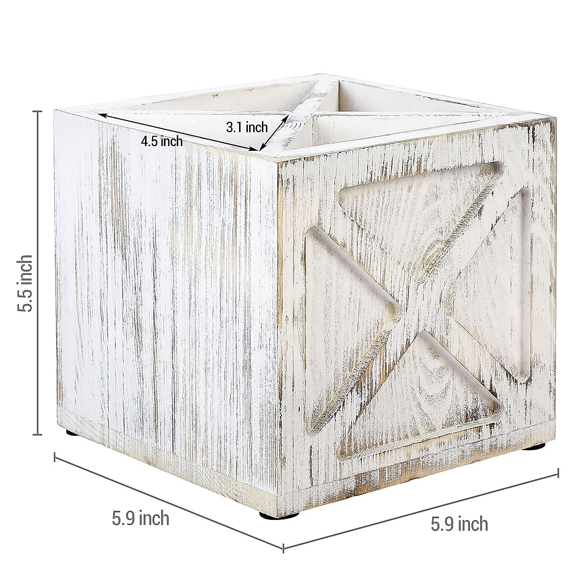 MyGift Whitewashed Solid Wood Kitchen Utensil Holder Crock Countertop Storage Organizer with 4 Compartments, Rustic Farmhouse Flatware Silverware Buffet Caddy