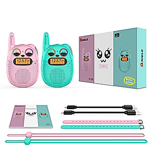 Qniglo Walkie Talkies for Kids Rechargeable, 2 Pack Kids Walkie Talkie with FM Handheld Walki Talki with Wearable Lanyard & Wrist for Outdoor Camping Games & Birthday Xmas Toys Gifts for Boys Girls