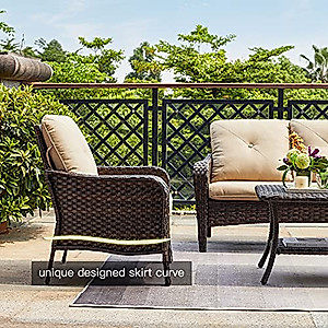 Rilyson Patio Conversation Set, 4 Piece Outdoor Patio PE Rattan Wicker Sofa Furniture Set, Deep Seating Couch Chairs and Coffee Table for Backyard Porch Lawn Garden