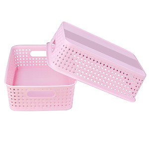 Plastic Storage Baskets, Small Pantry Baskets for Organizing, Woven Basket Organizer Basket Bins for Shelves, Organizer and Storage for Bathroom, Bedrooms, Kitchens (Pink 6pcs)