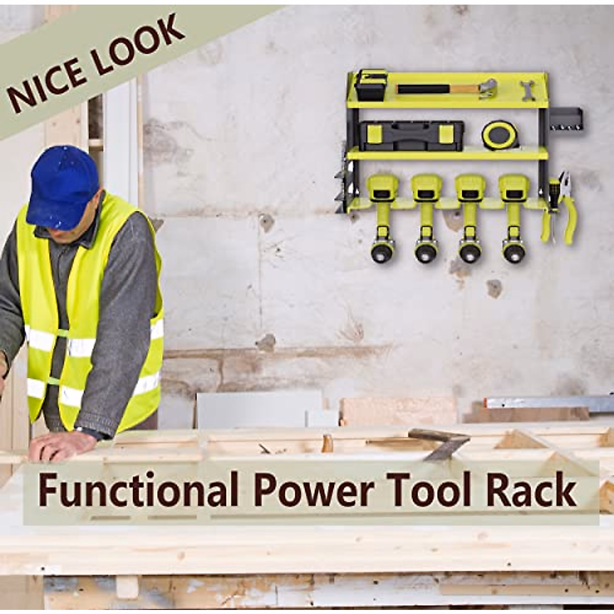 Luffioner Drill Storage Rack，Power Tool Organizer Drill Holder Wall Mount， Drill Organizer for Garage, Workshop,Drill Bit Storage Shlef, Holds 4 Drills with Screws Box Father's Day Gifts (Green)