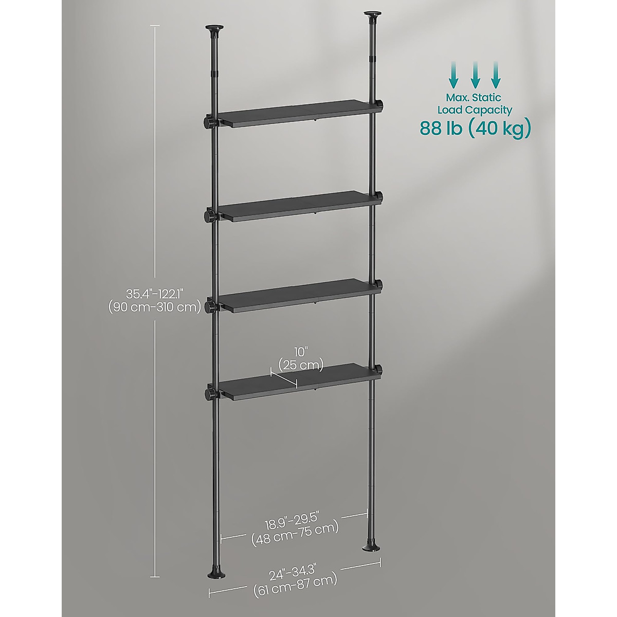 SONGMICS Bathroom Organizer 4-Tier, Over The Toilet Storage Shelf, 4 Height Adjustable and Extendable Shelves, 35.4 to 122.1 Inch Tall, for Small Spaces, Bathroom, Living Room, Ink Black UBTS021B01
