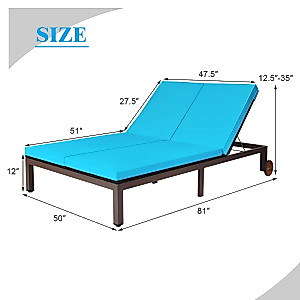 Tangkula 2-Person Patio Lounge Chair, Outdoor Rattan Double Wicker Daybed Chaise Lounge Chair with Adjustable Backrest Wheels & Cushion, Patio Sofa for Garden Lawn Backyard (Turquoise)