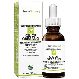 RejuveNaturals Oil of Oregano, USDA Organic - 1 fl oz (30ml Liquid) Wild, Mediterranean Oregano Oil. Concentrated Immune Support Drops. Gluten Free, Vegan & Non-GMO. Min 77% Carvacrol