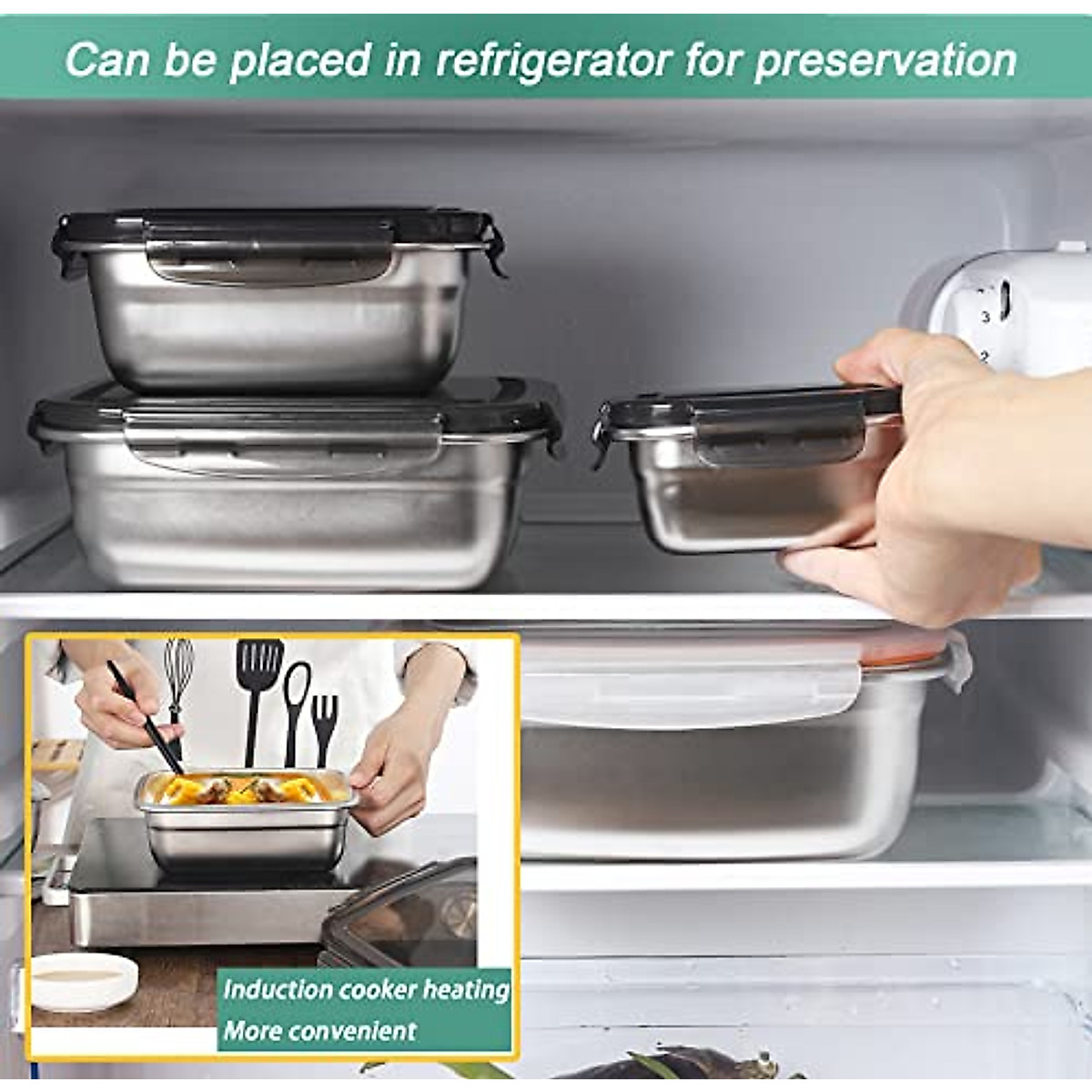 Stainless Steel Food Storage Container with Lids 3pcs set Leak-Proof Large Durable Bento salad container , Lunch Box, For Kimchi, Fruit and Salad -Home family, Picnic, Camping (Black Rectaugular)