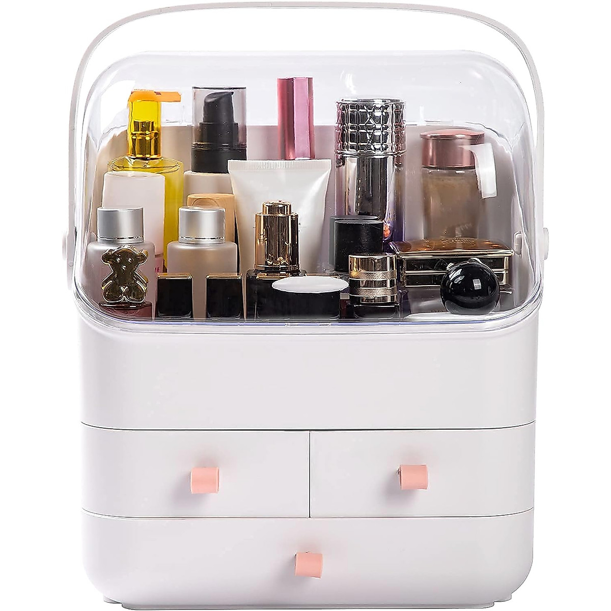 Haturi Makeup Organizer, Waterproof&Dustproof Cosmetic Organizer Box with Lid Fully Open Makeup Display Boxes, Skincare Organizers Makeup Caddy Holder for Bathroom, Dresser, Countertop Bedroom-White