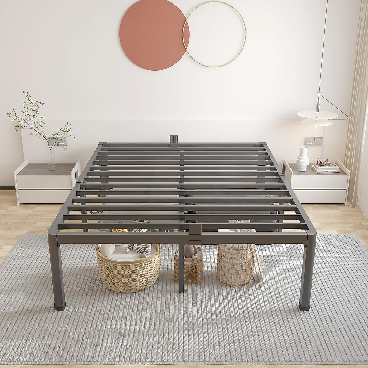ROIL 14 inch California King Size Bed Frame Metal Platform No Box Spring Needed with Headboard Hole Round Corner Legs Mattress Retainers 3500LBS Heavy Duty Steel Slats Noise-Free Storage