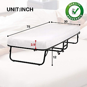 XXkseh Folding Guest Bed Portable Camping Cot with Wheels,Portable Beds Frame Heavy Duty Extra Roll Away Foldaway Memory Foam Mattress for Spare Bedroom & Office,L75 x W30 x H12 in，White